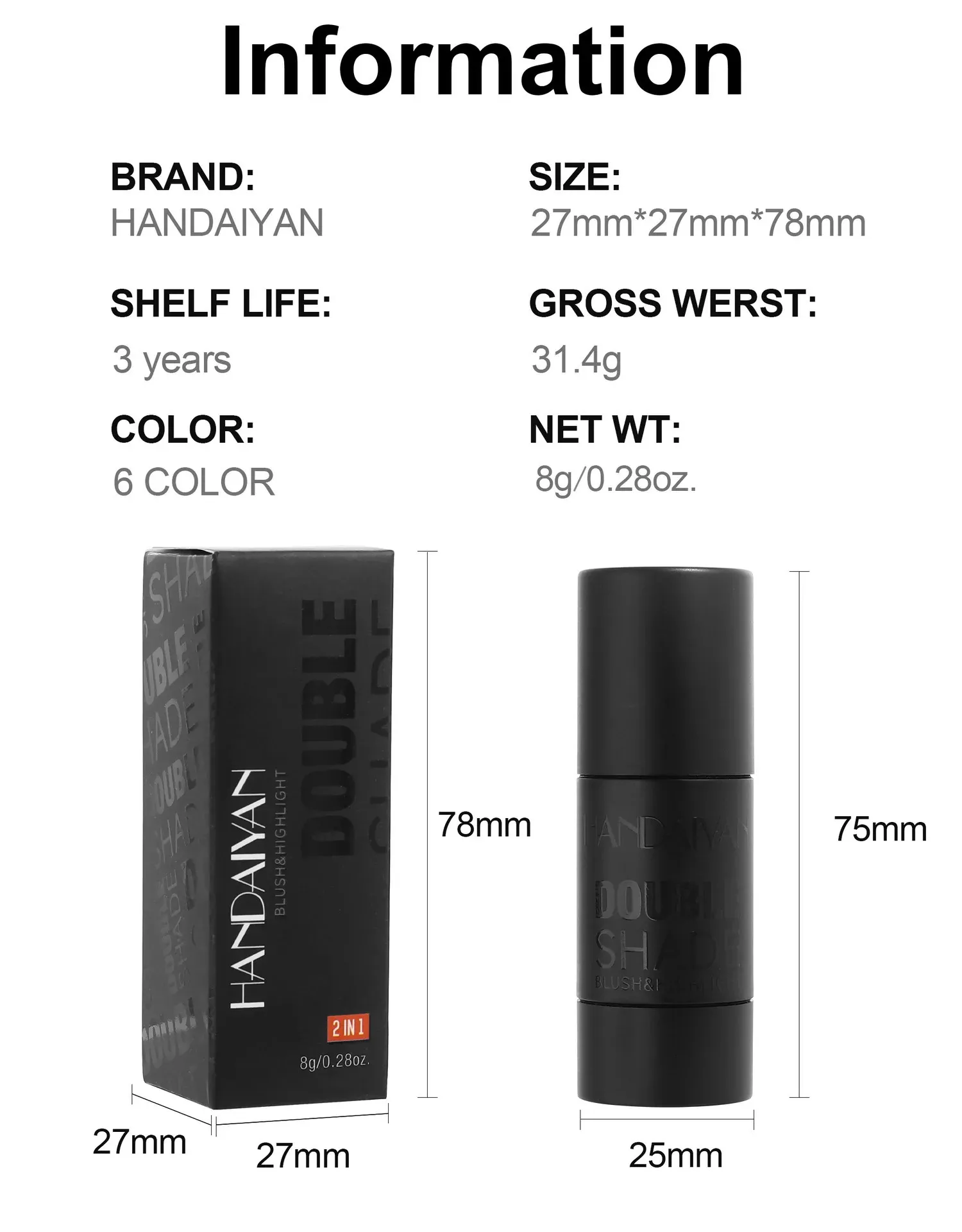 Handaiyan 2 In 1 Matte Glitter Face Blusher and Highlighter Stick ...