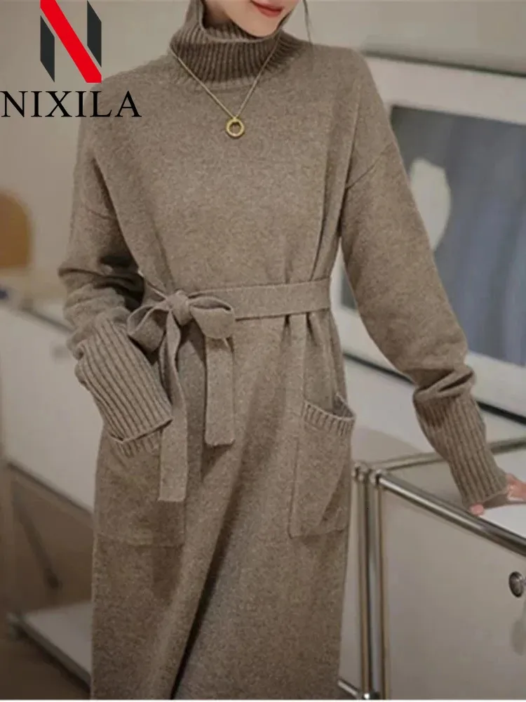 Turtleneck Pullover Sweater Dress Floor-Length Knit Synthetic Fiber ...