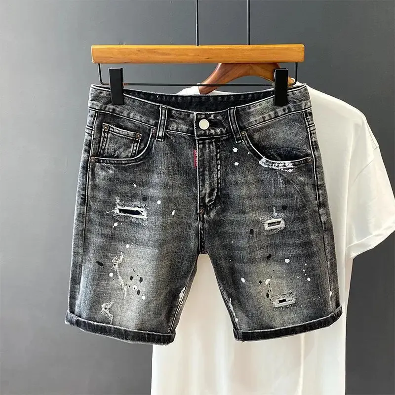 Distressed Denim Shorts Men Knee-Length Acrylic Knit Casual Capri ...