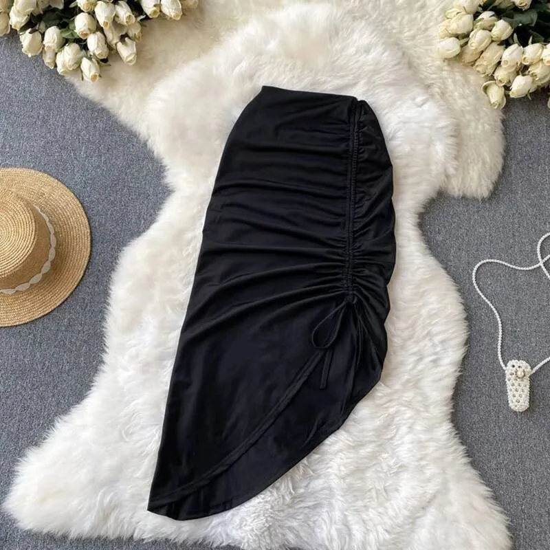 Midi Wrap Dress Knee-Length Polyester A-Line Solid Lace Up Drawstring ...