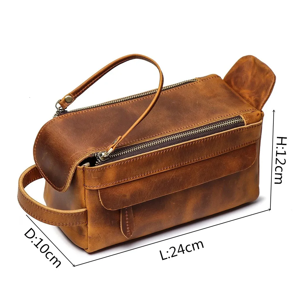 Nesitu Crazy Horse Genuine Cow Leather Travel Makeup Bag Vintage Mens ...