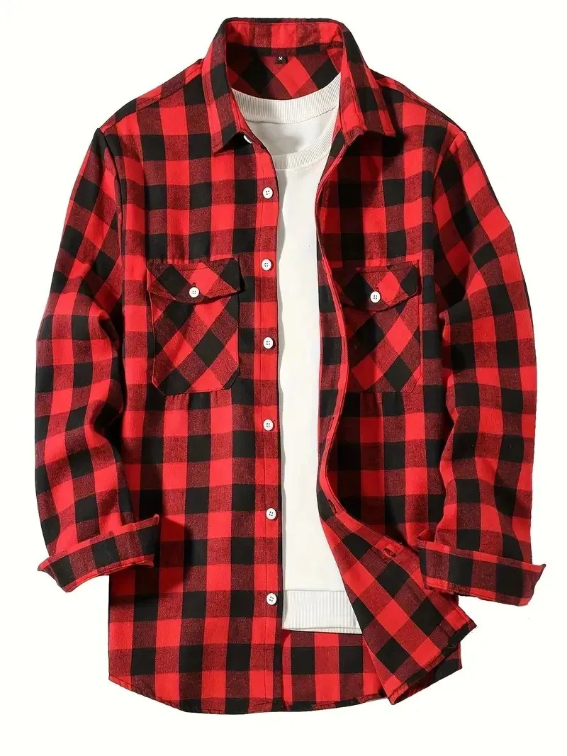 Long Sleeve Red Flannel Plaid Shirt for Men Acetate Knit Full Opening ...