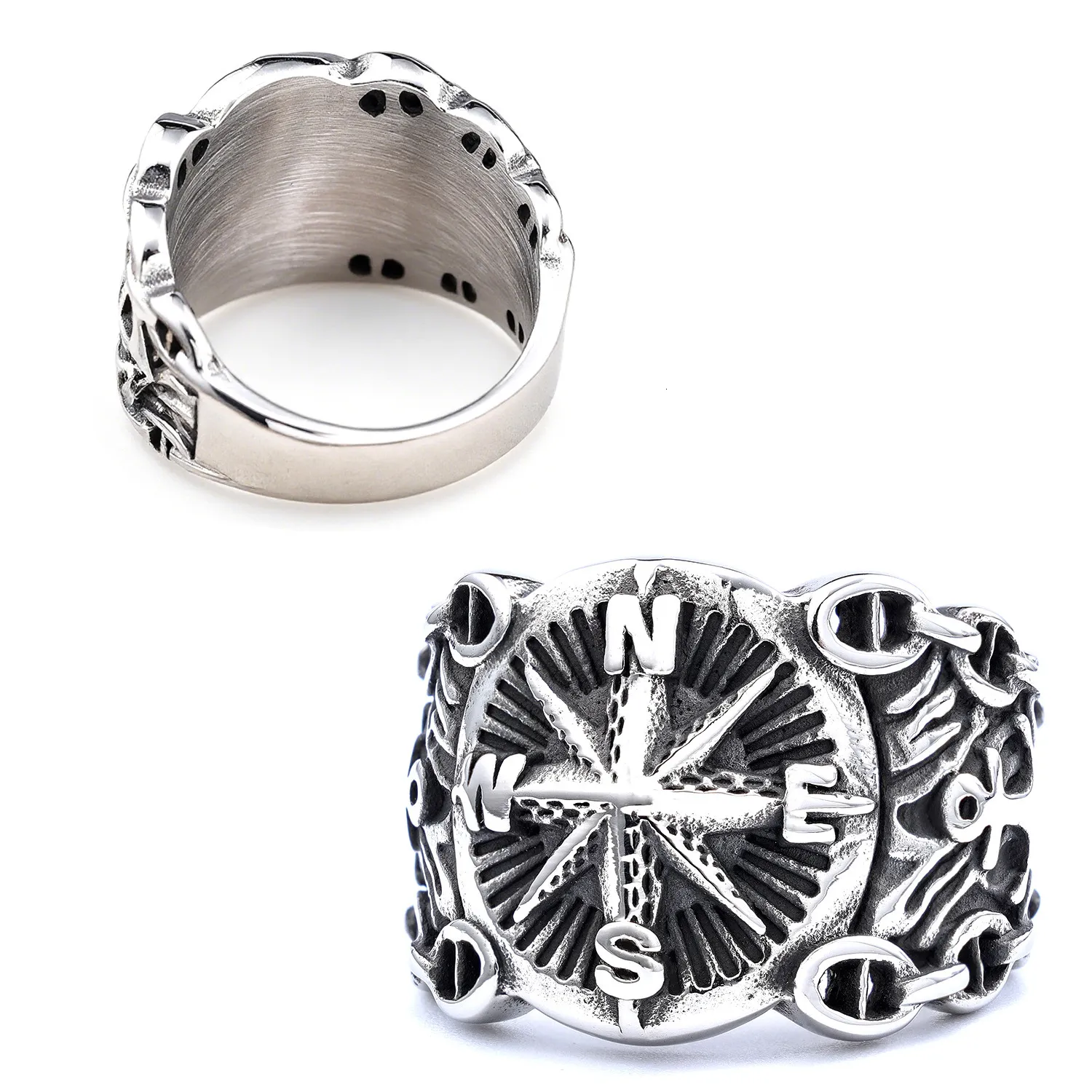 Compass Ring Jewelry Stainless Steel Tungsten Silver Plated with White ...