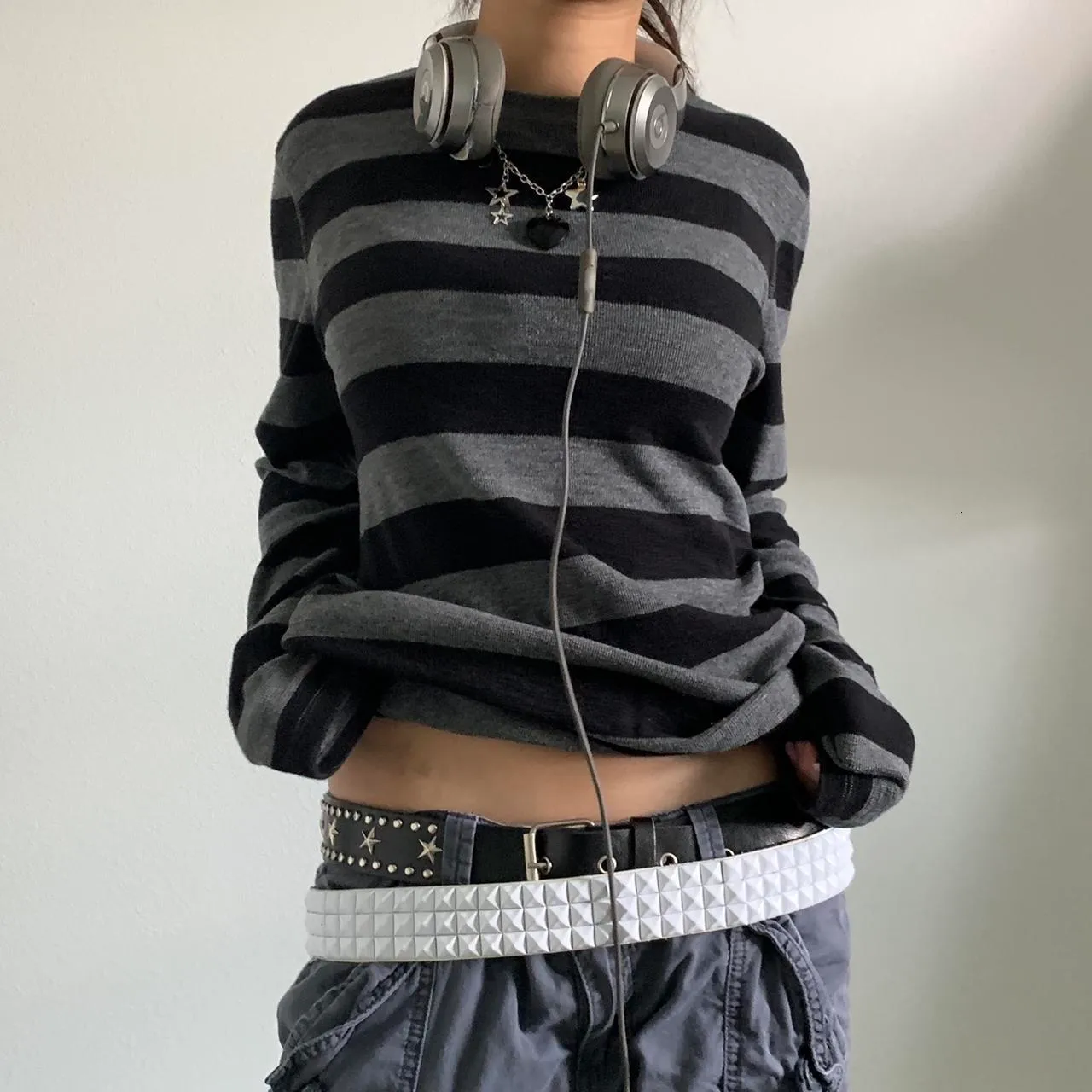 Women Fairy Grunge Knit Slim Fit 100% Cotton Striped Long Sleeve Round ...