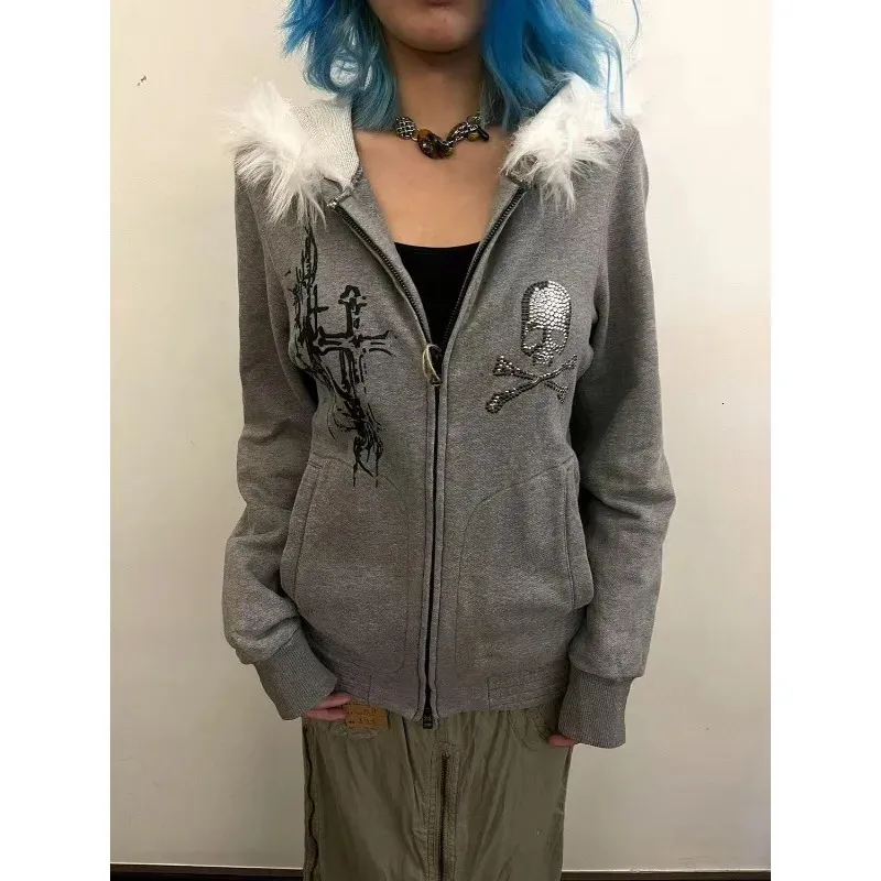 Skull hooded sweatshirt with gothic dark cross print and fur collar ...