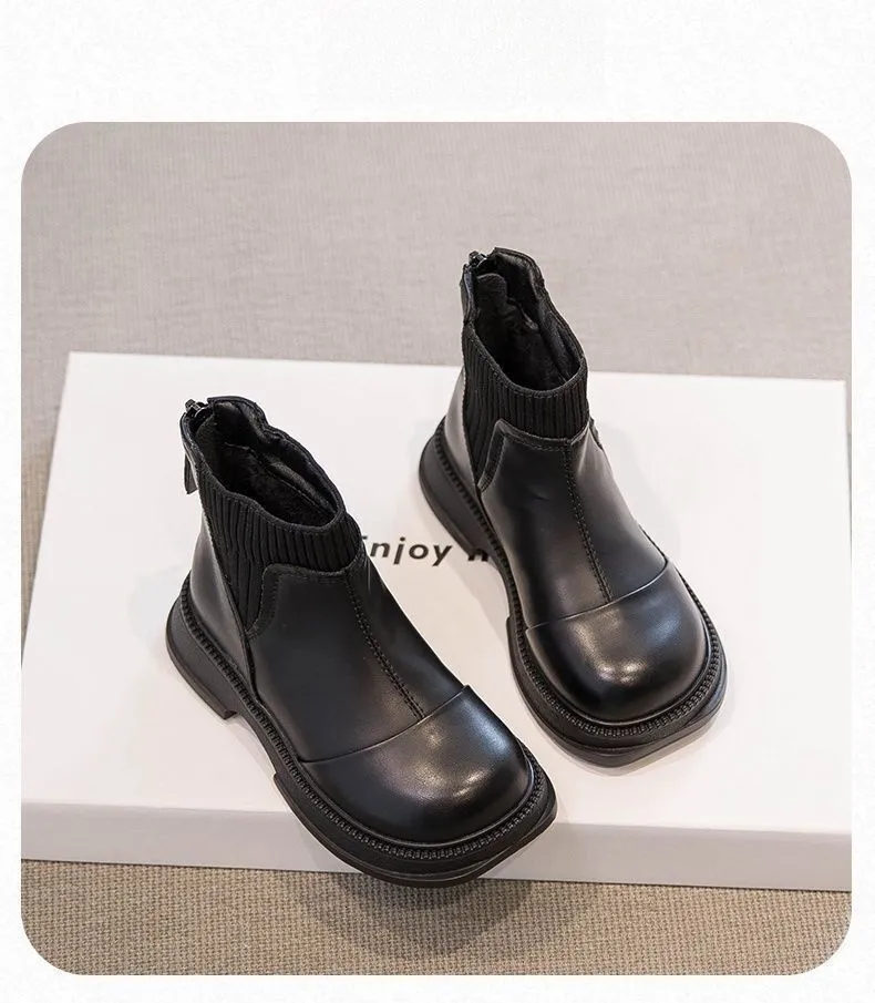 Children's Narrow Knee-High Leather Snow Boots with Cotton Lining and ...