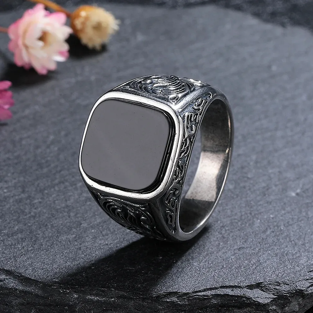 Masculine Black Agate Ring 12x14mm Men's Vintage Silver-Plated Wedding ...