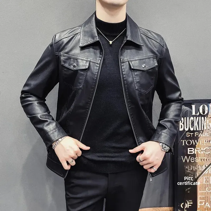 Men's Slim Fit Acetate Lined PU Leather Motorcycle Jacket with Mandarin ...