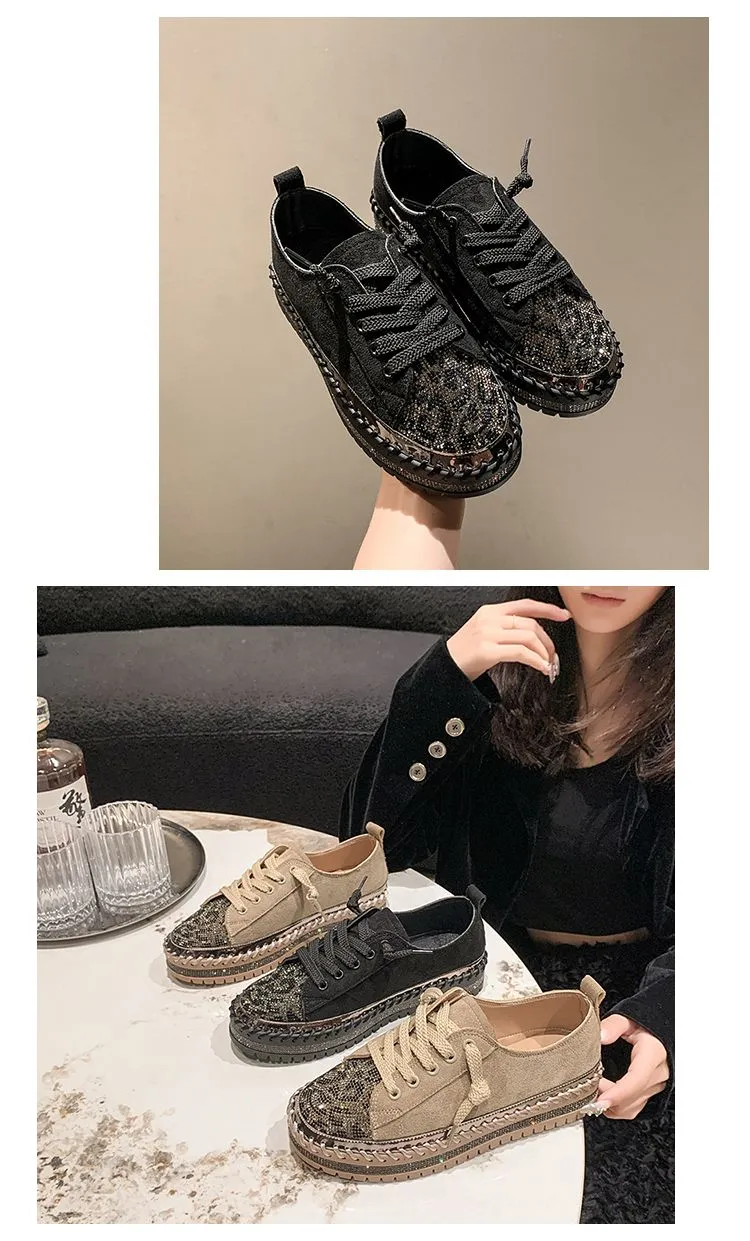 Crystal Luxury Flat Shoes Women Lace-Up Leather Casual Sports Shoes ...