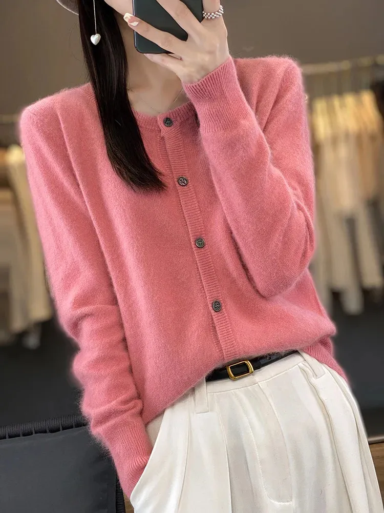 Aliselect Women Cardigan Knit Acetate Sweater O-neck Full Opening Loose Fit Solid Color from ...