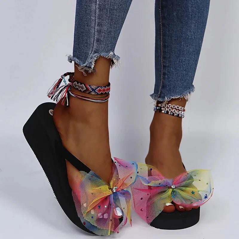 Summer Colorful Mesh Bowknot Flip Flops for Women Star Sequins Wedges ...