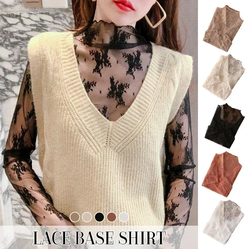 Women Floral Lace Shirt 100% Cotton Long Sleeve Mock Neck Mesh ...