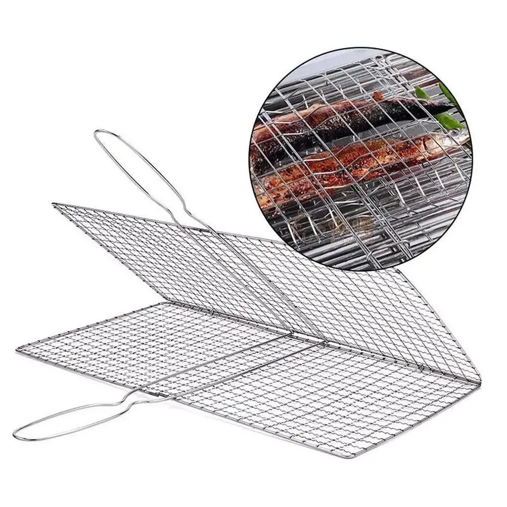 Barbecue Grill Basket Silver Iron Mesh Clamp for Steak Meat Fish ...