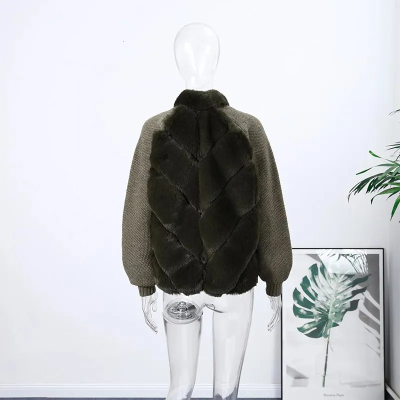 Faux Fur Patchwork Jacket Women Long Sleeves Casual Synthetic Fiber ...