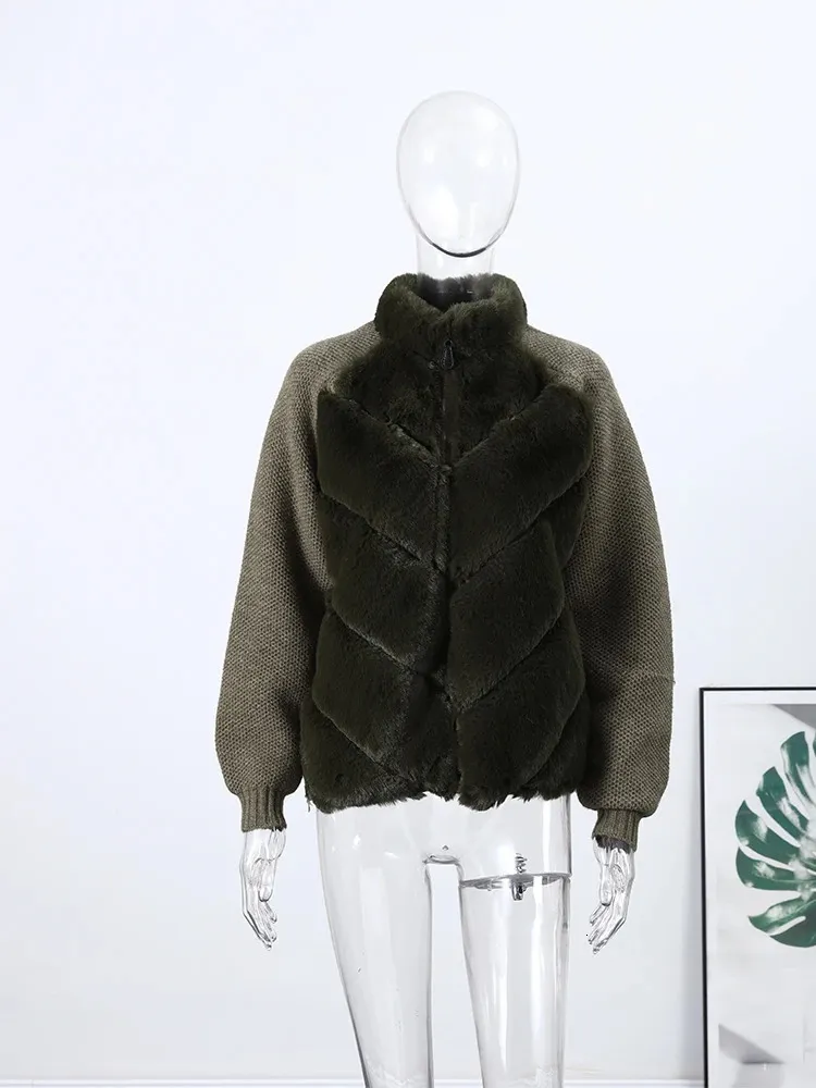 Faux Fur Patchwork Jacket Women Long Sleeves Casual Synthetic Fiber ...