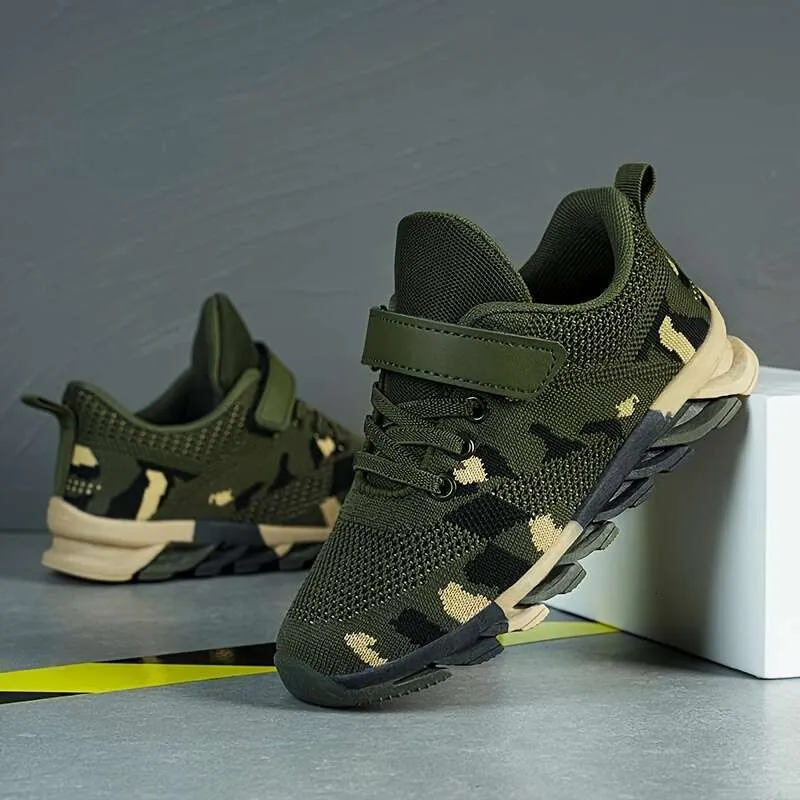Boys' Camouflage Running Sneakers with Breathable Mesh, Hook-and-Loop ...