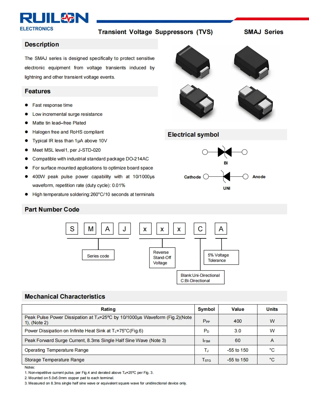 SMAJ Series Ruilon TVS Diode with 24.4V Clamping Voltage and 400W Peak ...