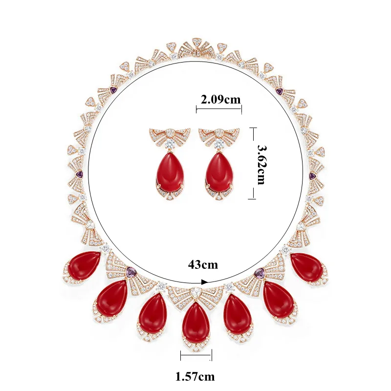 Designer Jewelry Sets Women Plated Gold Copper Earrings Necklace with Synthetic Ruby Cubic ...