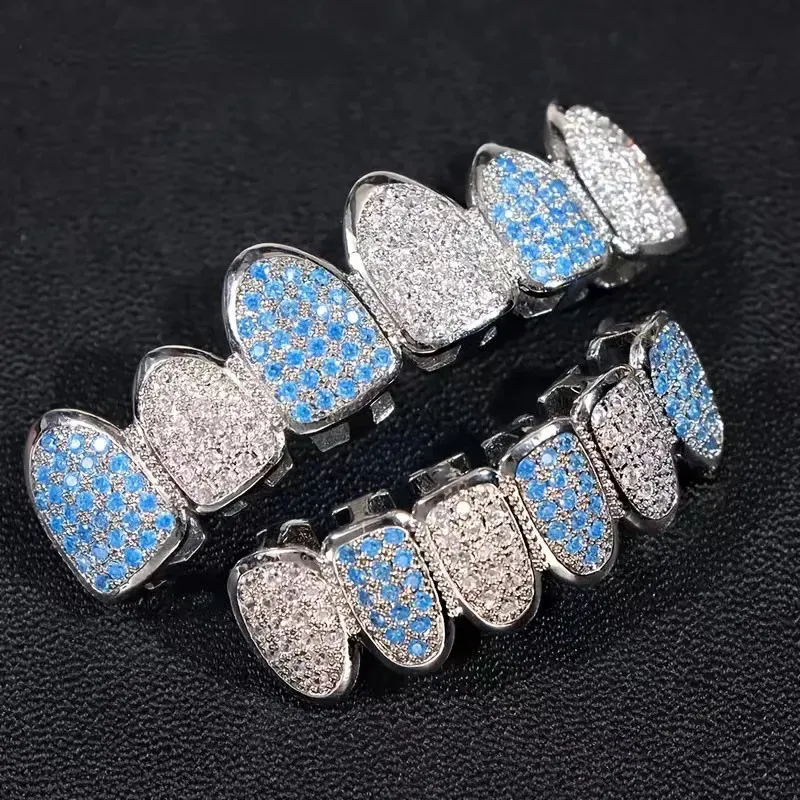 HipHop Cubic Zirconia Teeth Set Unisex Blue Zircon Top Bottom Removable ...