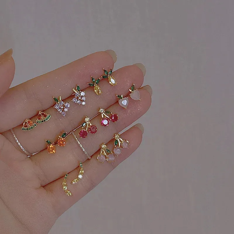 TRENDY Fruit Shape Cherry and Pineapple Gold Plated Moonstone Stud ...