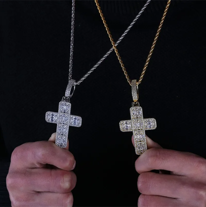 Iced Out Cross Pendant Necklace for Men 24in Link Chain Silver Plated ...