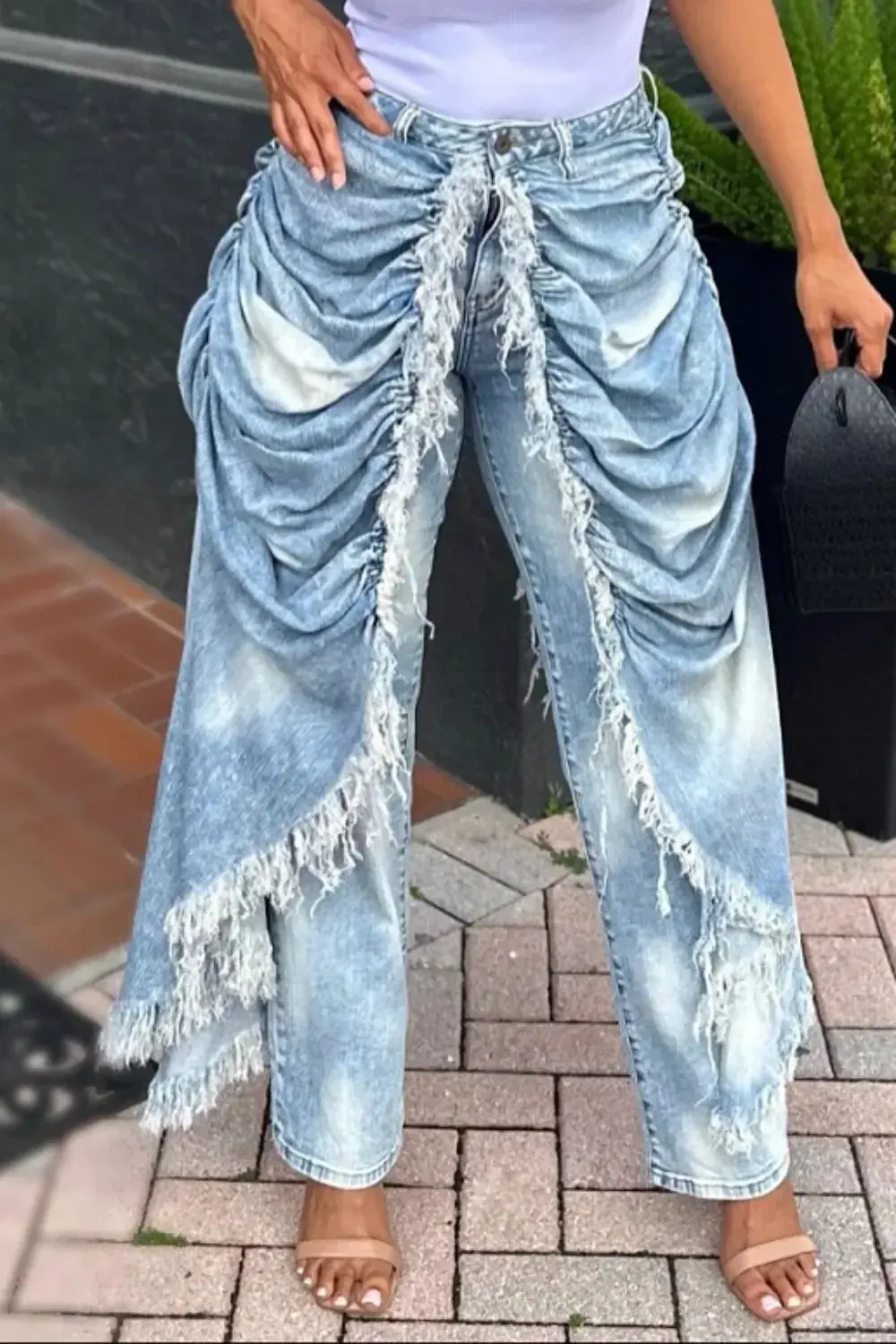 Daily Blue Pocket Ruched Frayed Trim Skinny Denim Trousers for Women ...