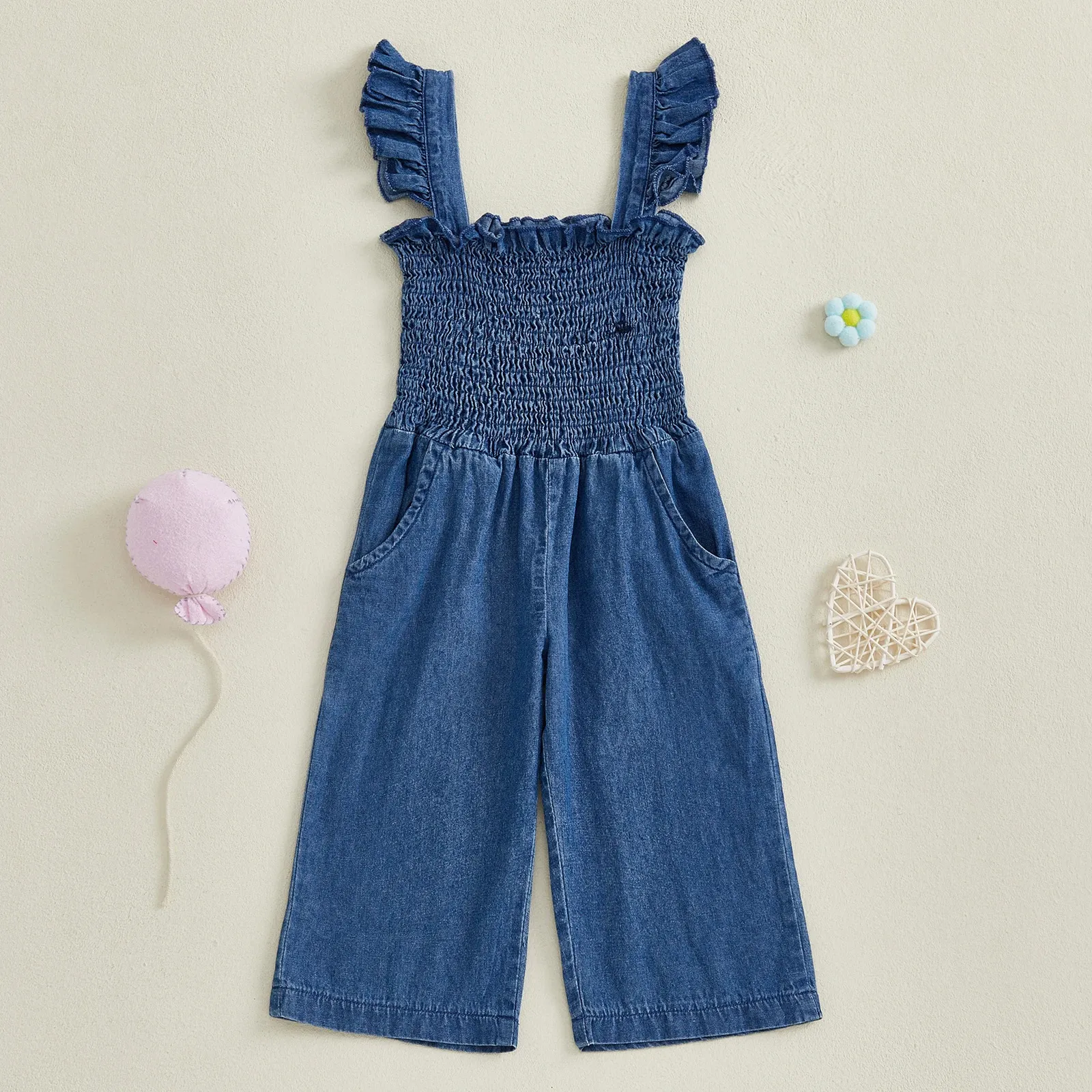 Girls Sleeveless Pink Denim Overall Jumpsuit with Smocked Bodice and ...