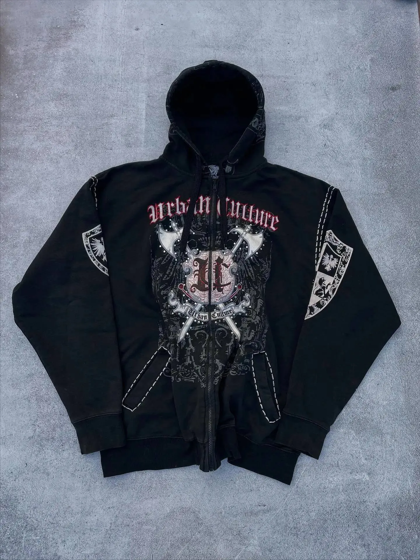 Gothic Metal Axe Embroidery Print Zip-Up Hoodie White Dotted Lin ...