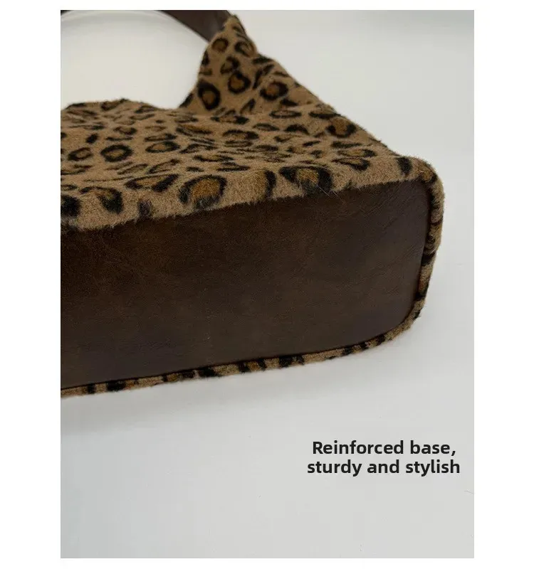 Leopard Print Furry Top Handle Bag Mini PU Shoulder Bag with Zipper ...