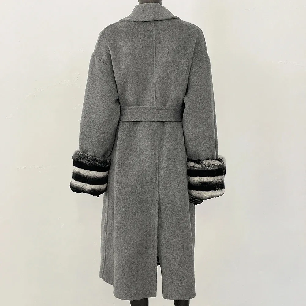 Wool Blend Ladies Long Coat with Real Rex Rabbit Fur Cuffs and Hooded ...