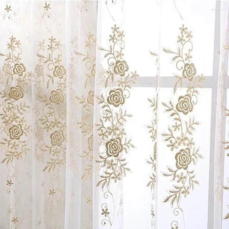 Curtain Sheer White Transparent Window Screen with Golden Rose ...