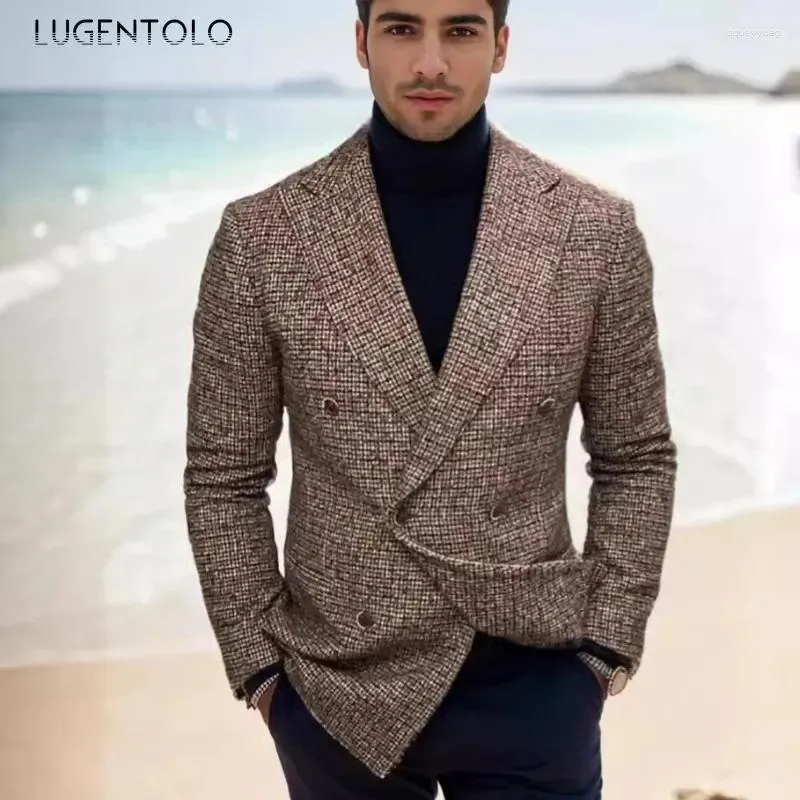 Men's Double Breasted Knitted Plaid Blazer Jacket for Casual Fall 2025 ...