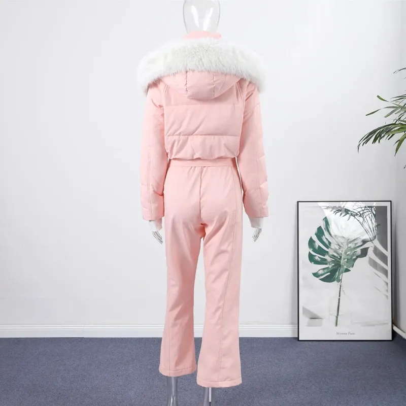Snow Jumpsuit Women High Neck Zipper Long Sleeves Hoodie Patchwork Fur ...