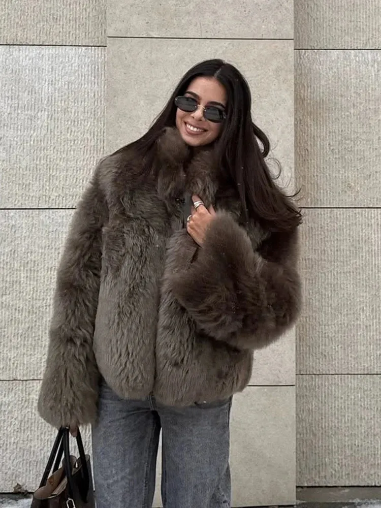 Women Winter Warm Faux Fur Lined Coat with Bat Sleeves and Stand Collar ...