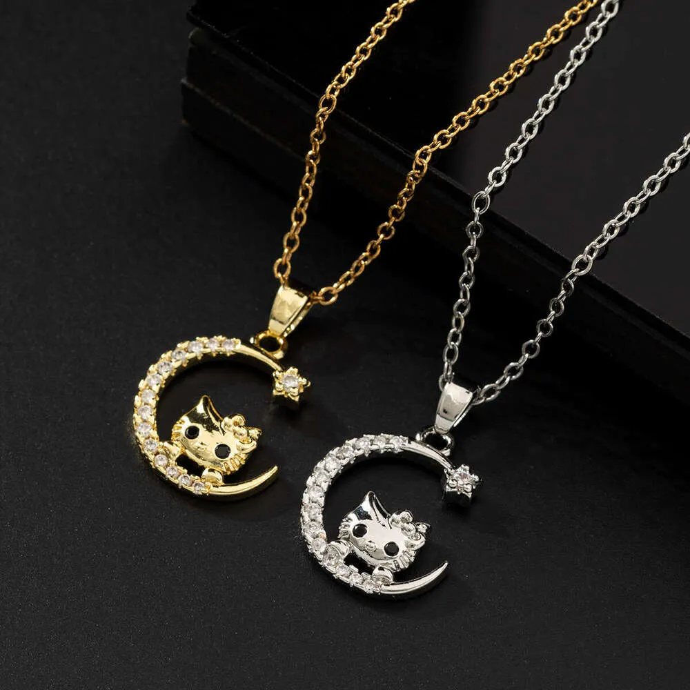 Star Moon Cat Necklace with Gray Acrylic Stone and Blue Zinc-Plated ...