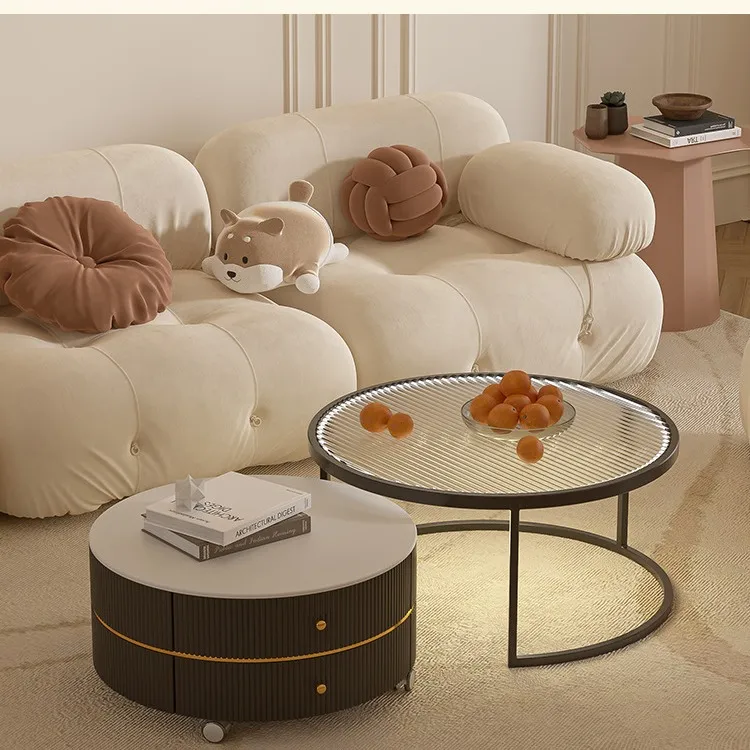 Luxury small apartment round stone slab coffee table with drawers and ...
