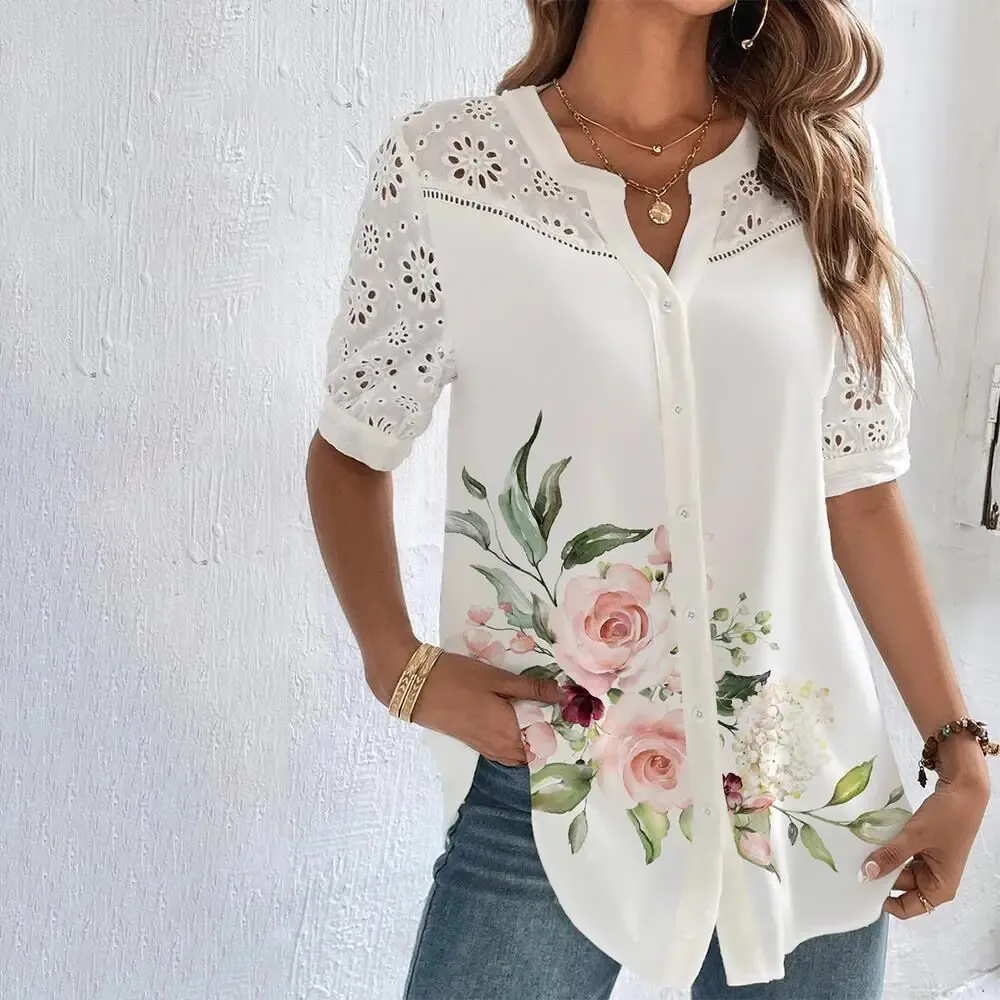 Womens Casual Blouse White Lace Short Sleeve Shirt with Full Opening ...