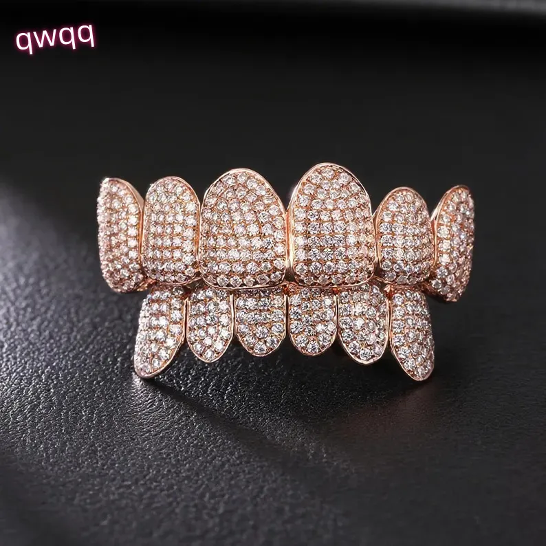 Rhodium Plated 925 Silver Grillz Full Mouth Top and Bottom Set with ...