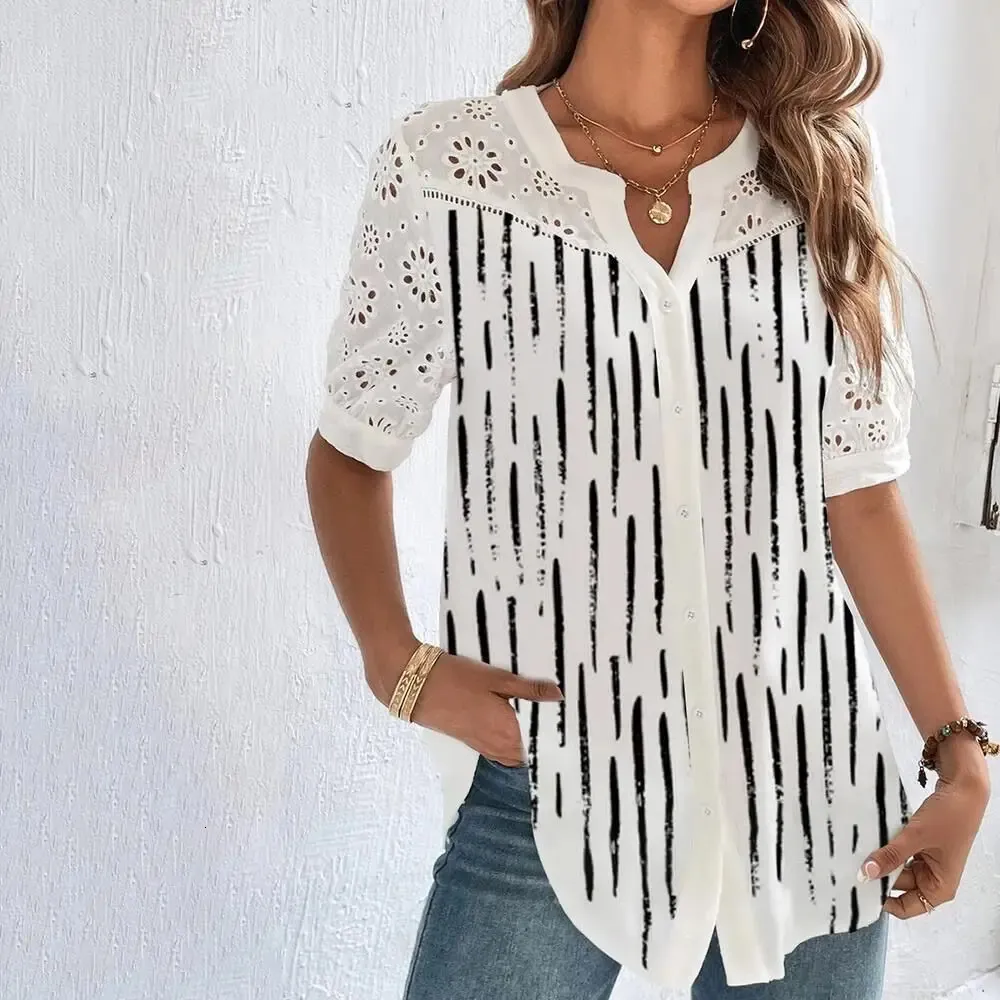 Womens Casual Blouse White Lace Short Sleeve Shirt with Full Opening ...