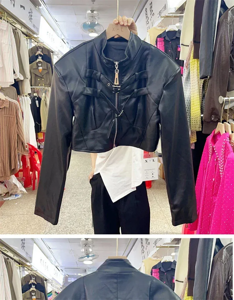 Black Slim Short Genuine Leather Motorcycle Biker Jacket Stand Collar ...