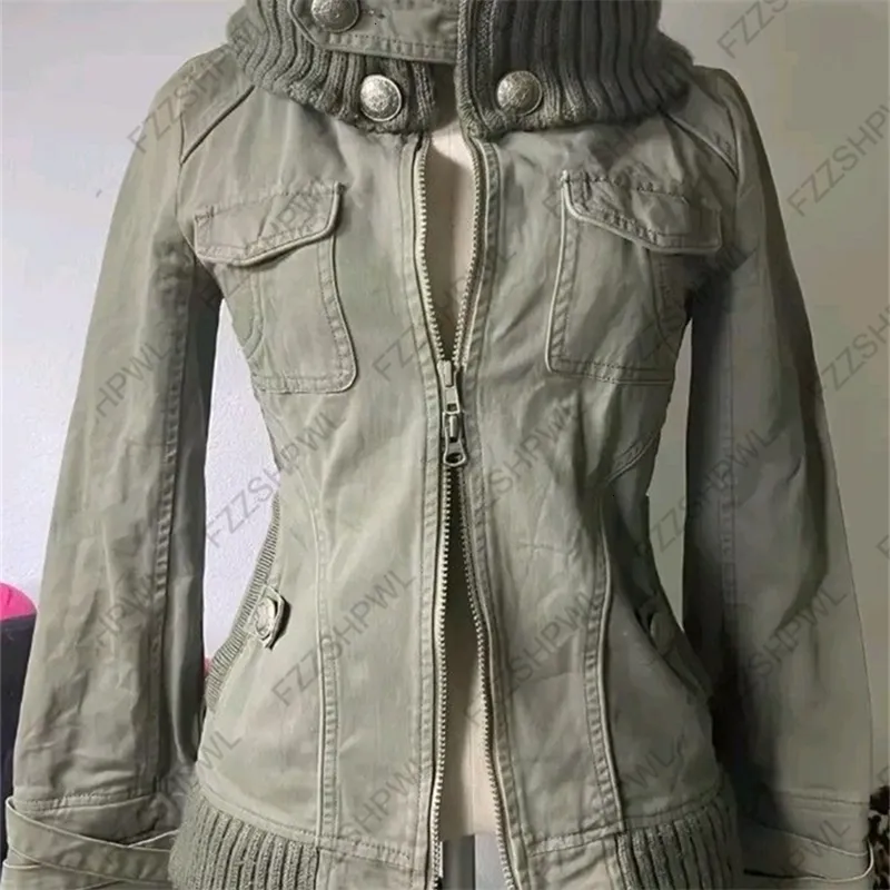 Vintage Zip Up Hooded Stand Collar Cargo Jacket Women Autumn Y2K ...