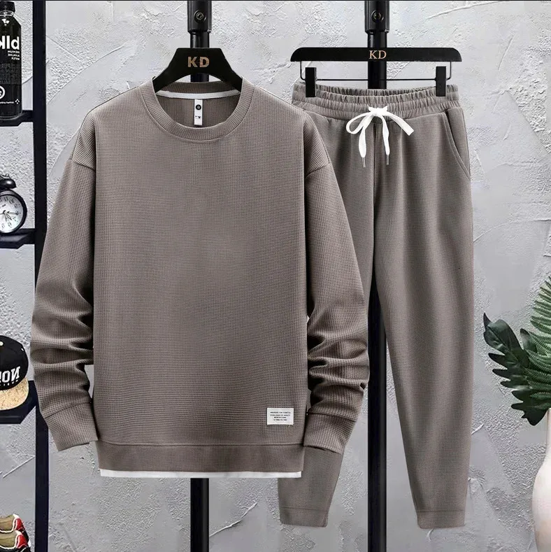 Mens Waffle Casual Suit Polyester Pullover Long Sleeve O-neck Shirt and ...