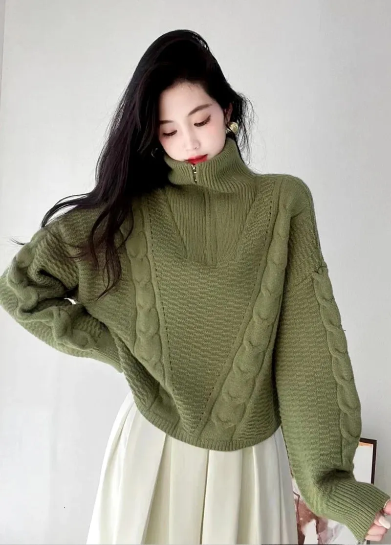 Oversized Knit Turtleneck Sweater Half Zip Lapel Loose Fit Batwing ...