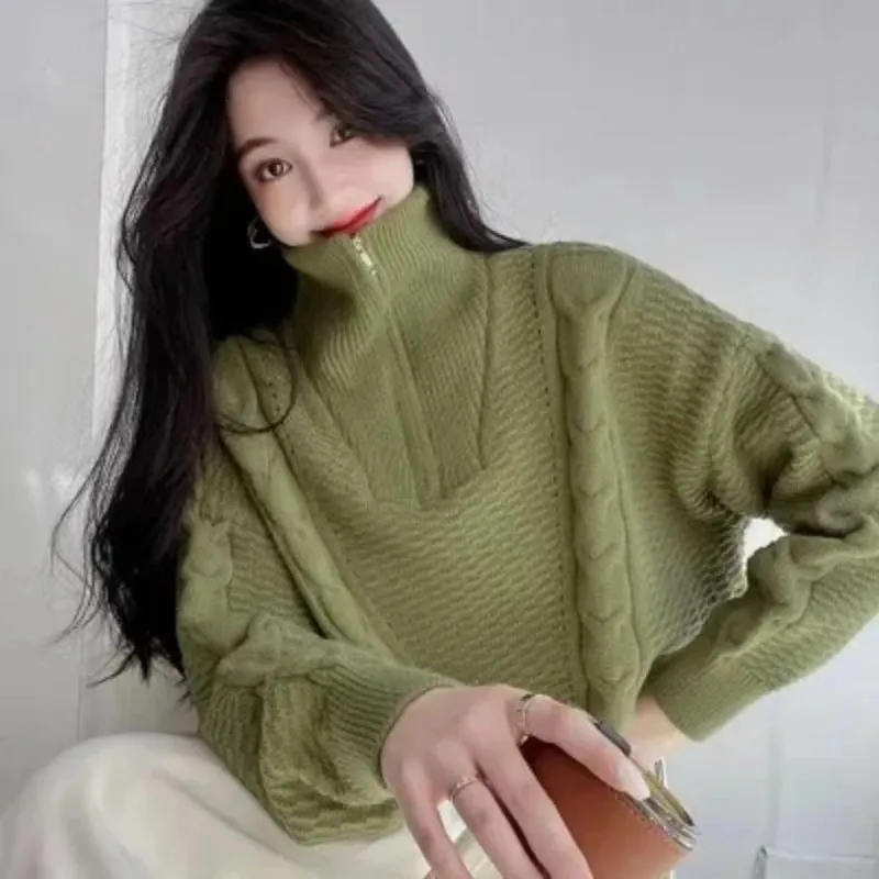 Oversized Knit Turtleneck Sweater Half Zip Lapel Loose Fit Batwing ...