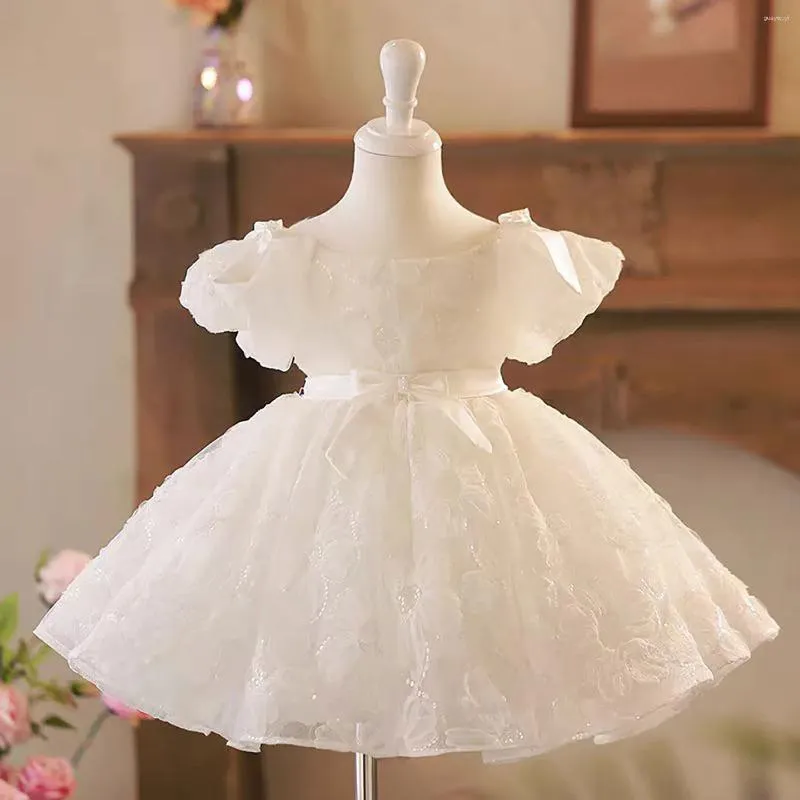 Girl Dresses Dreamy Vow D086 White Lace Tulle Knee-Length Ball Gown Dress with Bow for Wedding ...