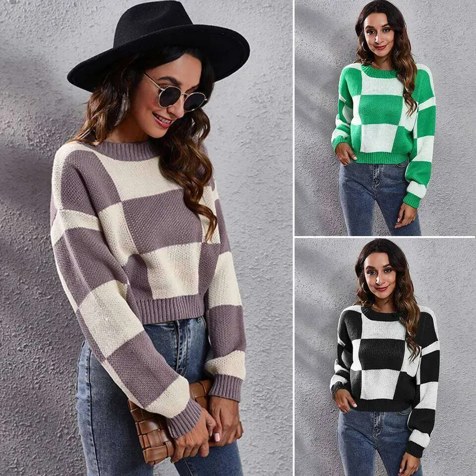 Checkerboard Sweater Vest Polyester Pullover V-Neck Half Sleeve Loose ...