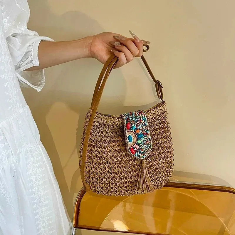 Straw Summer Bags Mini PU Crossbody Bag Zipper Closure Plain Pattern ...