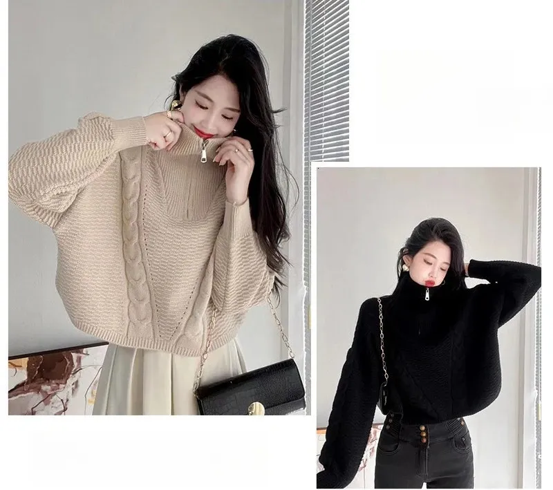 Oversized Knit Turtleneck Sweater Half Zip Lapel Loose Fit Batwing ...