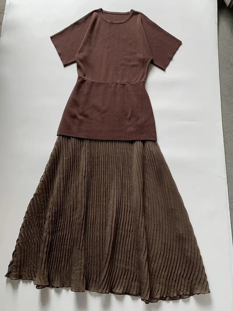 Womens Pleated Knitted Floor-Length Maxi Dress Short Sleeve Chiffon ...