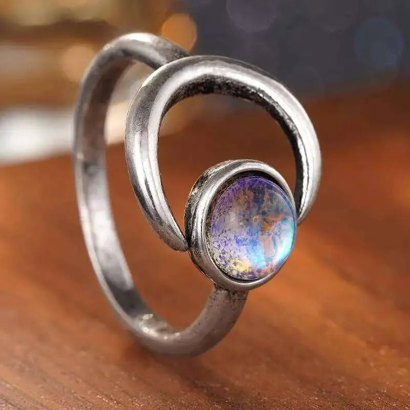 Huitan Moon Sun Design Women's Green Plastic Opal Ring Rhodium-Plated ...